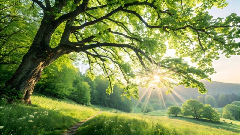 Green Tree and Sunlight Panorama Stock Illustration - Illustration of ...