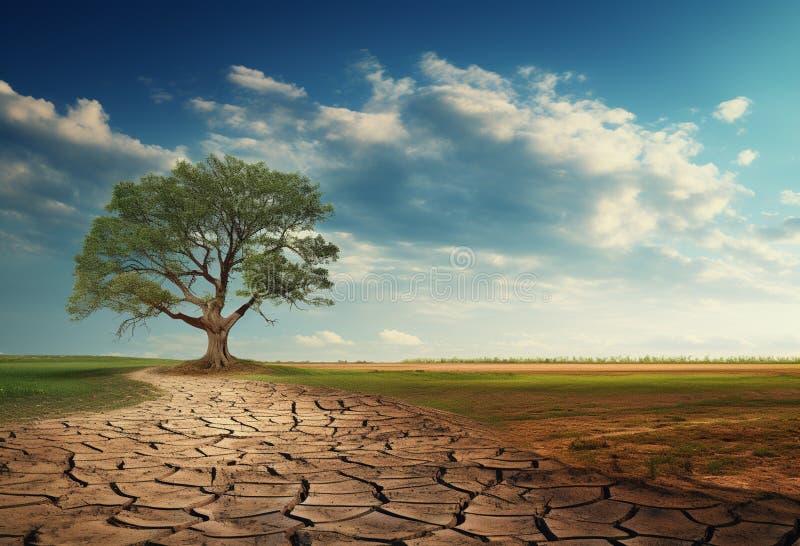 Green Tree Under Dramatic Evening Sunset Sky at Drought Cracked Desert ...