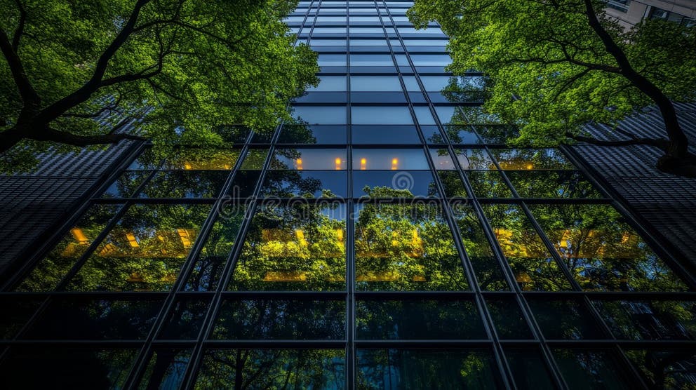A Green Tree is Visible Reflected in the Windows of a Building Stock ...