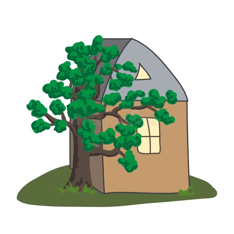 Green Tree Wraps Around the House on a Glade. Vector Illustration Stock ...