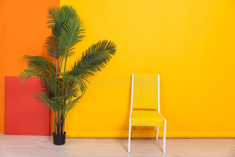 Green Tree and Yellow Chair by Orange Wall Stock Photo - Image of white ...