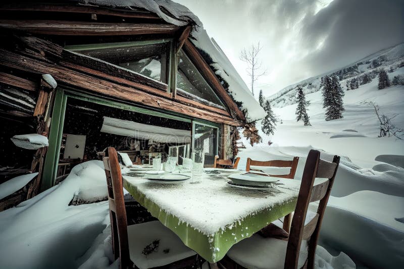 Green Trees Fallen Down on Snow Big Dining Table on Chalet in Mountain ...