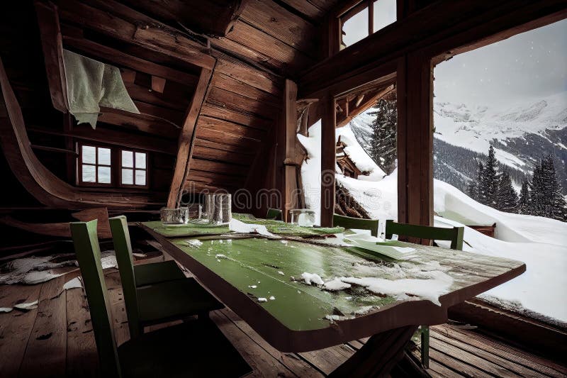 Green Trees Fallen Down on Snow Big Dining Table on Chalet in Mountain ...