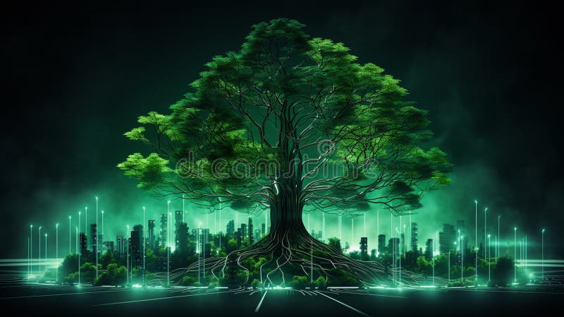 Green Trees Growing on Circuit Board with Neon Roots.Generative AI ...