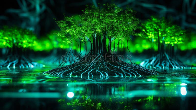 Green Trees Growing on Circuit Board with Neon Roots.Generative AI ...