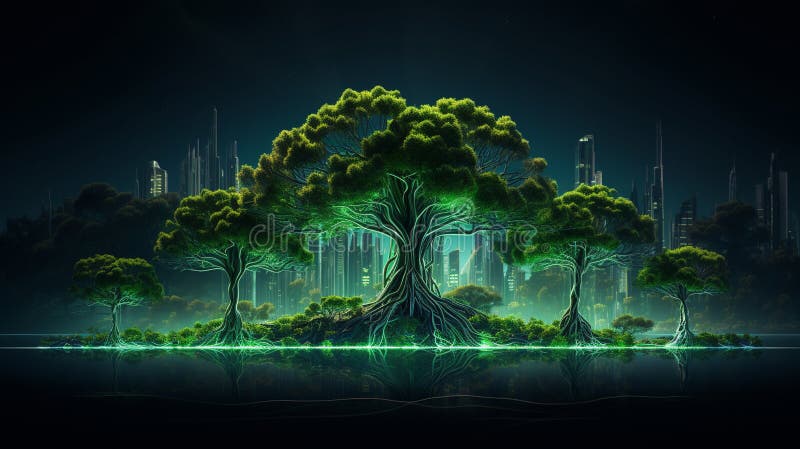 Green Trees Growing on Circuit Board with Neon Roots.Generative AI ...