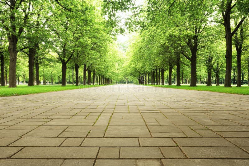 Green Trees Line a Paved Path in the Park with Tranquil Nature Walk ...