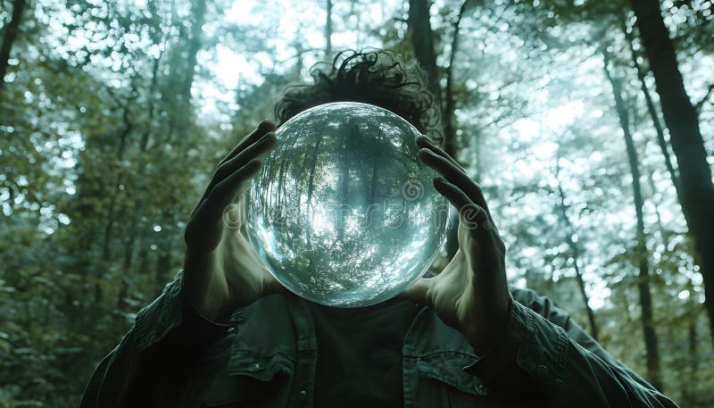 Green Trees Outdoors, Overturned Reflection. Man Holding Crystal Ball ...