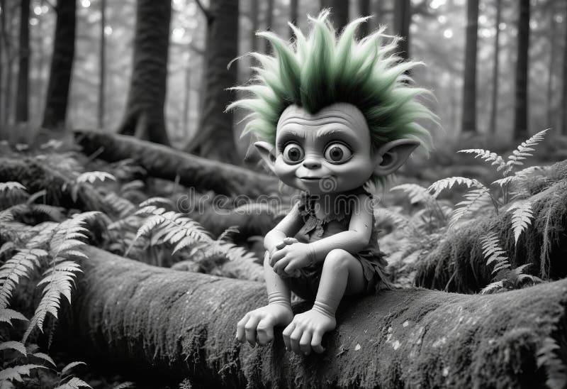 A Green Troll Doll with Large Eyes and a Mohawk-style Hairstyle Stock ...