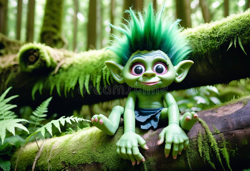 A Green Troll Doll with Large Eyes and a Mohawk-style Hairstyle Stock ...