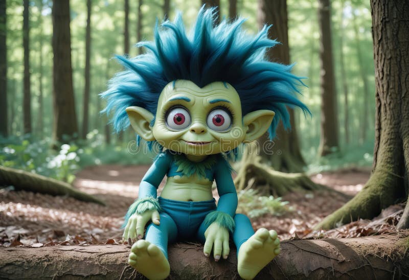 A Green Troll Doll with Large Eyes and a Mohawk-style Hairstyle Stock ...