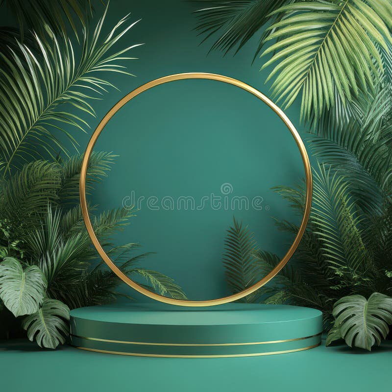 Green Tropical Backdrop with Golden Circle and Display Podium Stock ...
