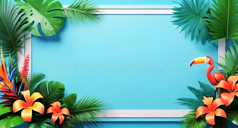 AI Generated Image Green Tropical Foliage Boarder with Blue Background ...