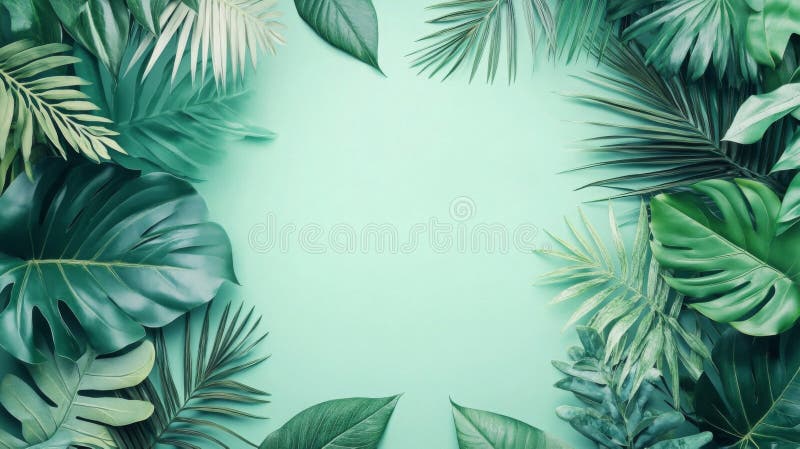 Green Tropical Leaves Frame on Mint Background Stock Illustration ...