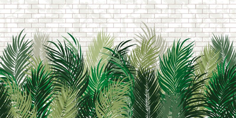 Green Tropical Leaves on the White Brick Wall Background. Old Bricks ...