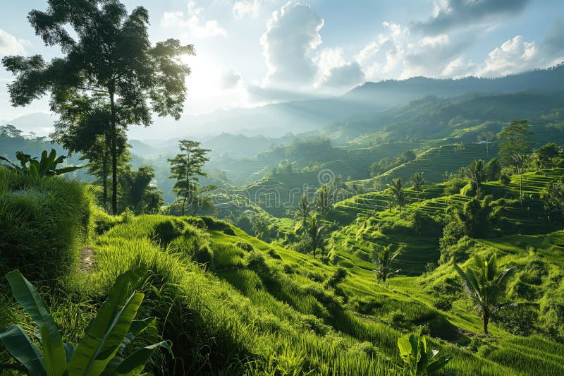 Green Tropical Mountain Landscape with Terraced Fields Stock ...