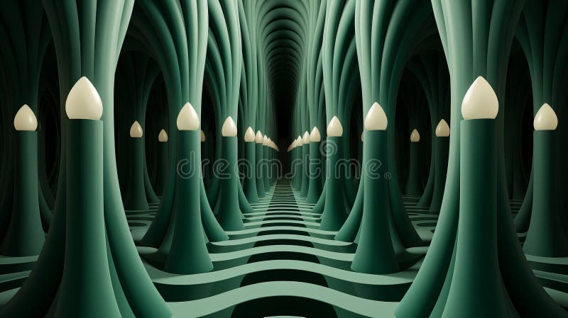 A Green Tunnel with Many Tall Green Objects Stock Illustration ...