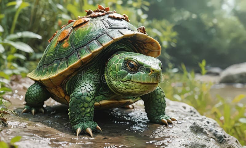 Small Turtle on Rock in the Water Stock Illustration - Illustration of ...