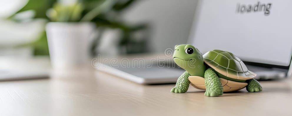 Green Turtle Figurine Placed Near a Laptop Displaying Loading Message ...
