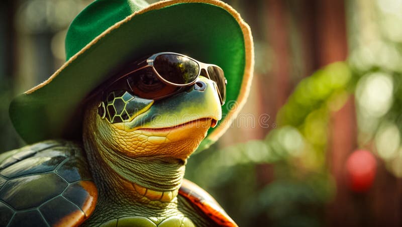 Green Turtle in Sunglasses and Hat Stock Illustration - Illustration of ...