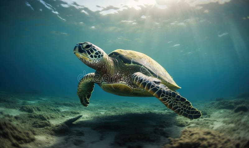 A Green Turtle Swimming in the Ocean with Sun Shining through the Water ...