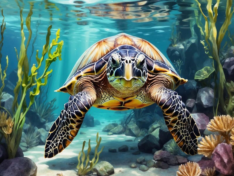 Green Turtle Swims Underwater, Drawing, Paints, Close-up Stock ...
