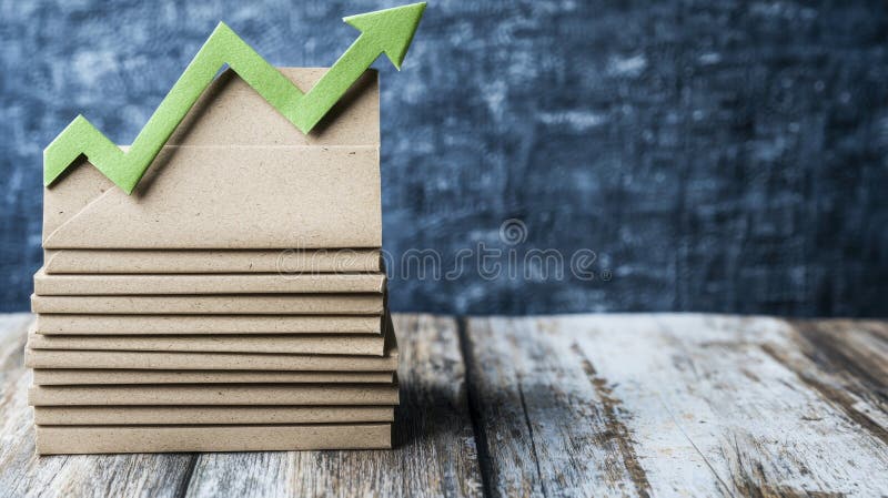 Green Upward Arrow Graph on Stack of Cardboard on Wooden Surface Stock Illustration ...