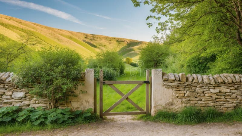 Green Valley Landscape with Stone Wall and Gate. Stock Image - Image of ...