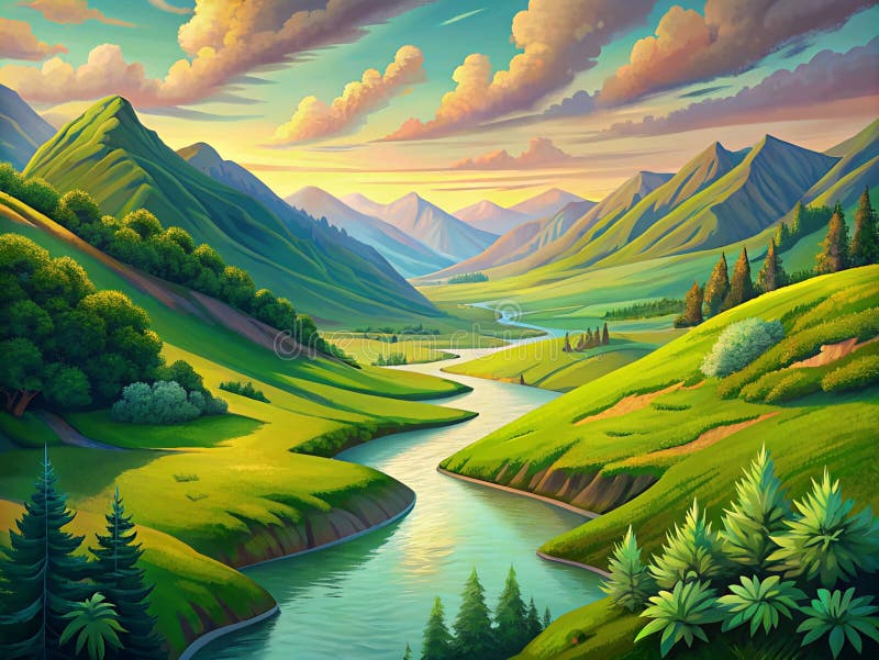 Green Valley with River and Mountains at Sunset Stock Vector ...