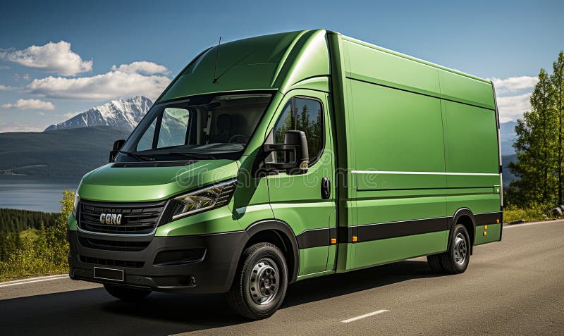 Green Van Driving Down Road Stock Image - Image of town, transportation ...