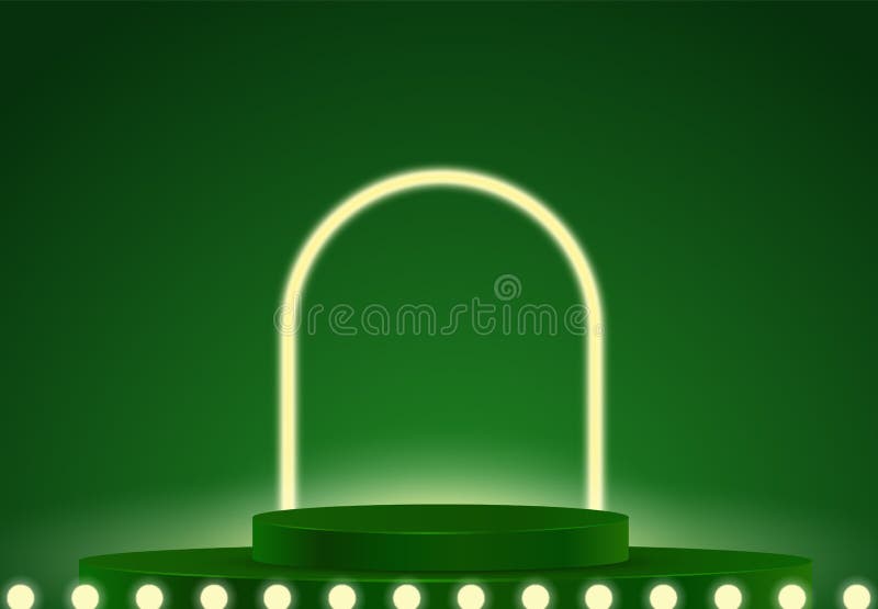 Green Vector Podium and Glowing Light Bulbs and Neon Arch. Stock Vector ...