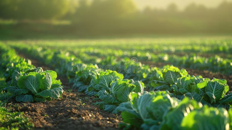 Green Vegetable Field with Rows of Cabbage and Lettuce, Morning ...