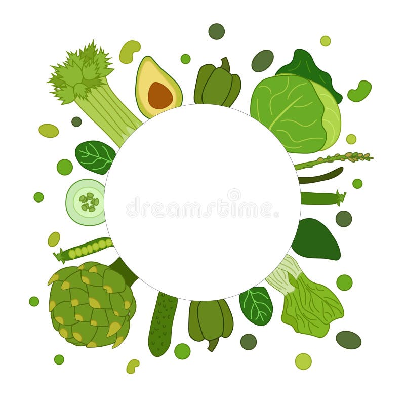 Green Vegetables Circle Round Frame, Boxing, Bordering. Card Template ...