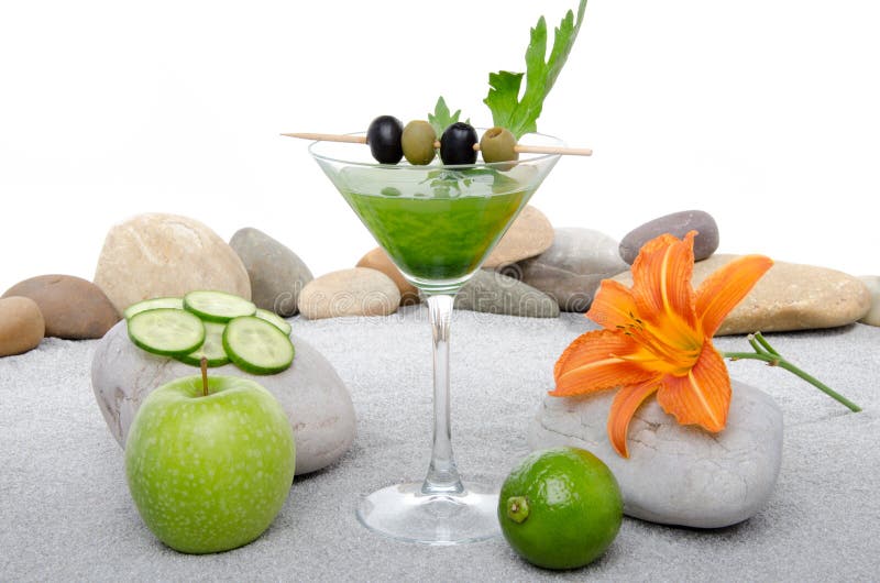 Green Vegetables Cocktail in a Environment of Sand and Pebble St Stock ...