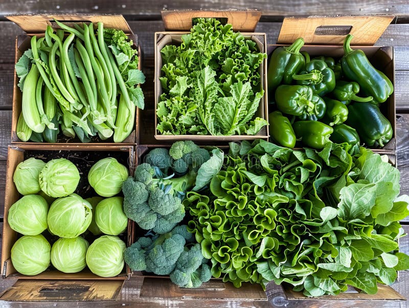 Green Vegetables in Wooden Boxes on a Wooden Table Stock Image - Image ...