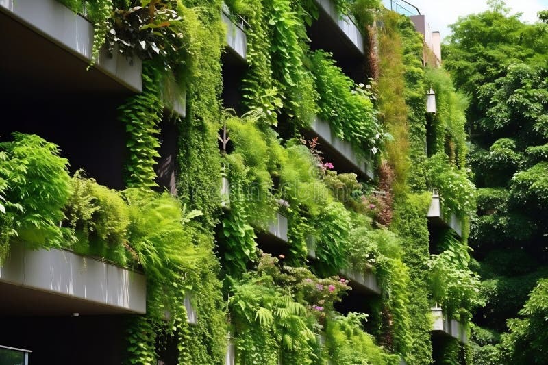 Green Vertical Green. Facade Garden in Full Bloom for Climate Adaptation Stock Image - Image of ...