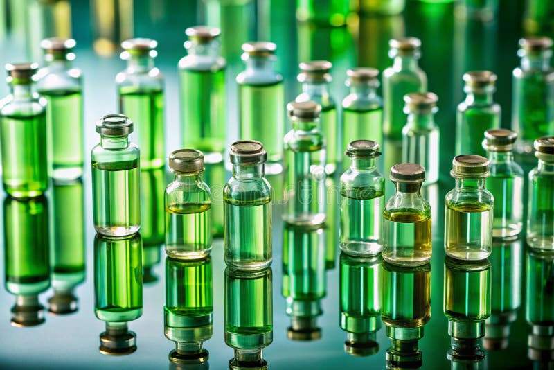 Green Vials Gradient. Several Vials on a Glass Table Top with Different ...