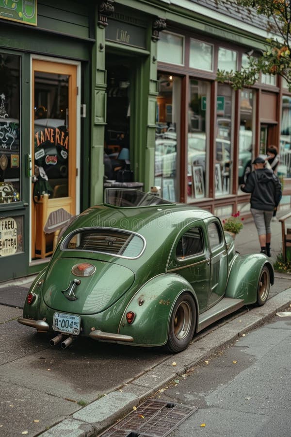 Green Vintage Car Parked on the Sidewalk Outside the Store Stock Photo ...