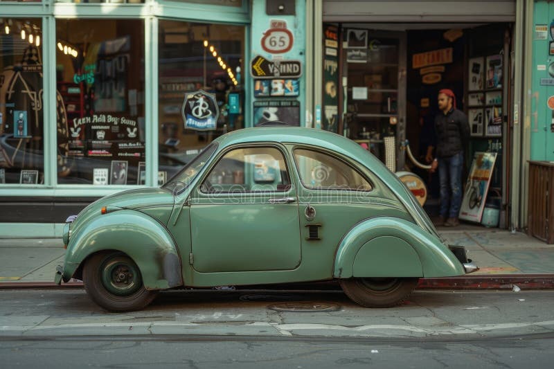 Green Vintage Car Parked on the Sidewalk Outside the Store Stock Image ...