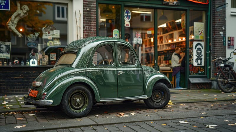 Green Vintage Car Parked on the Sidewalk Outside the Store Stock Image ...