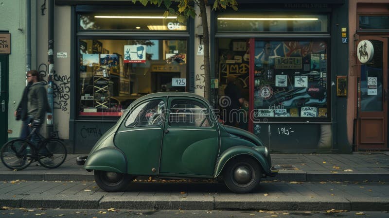 Green Vintage Car Parked on the Sidewalk Outside the Store Stock Image ...