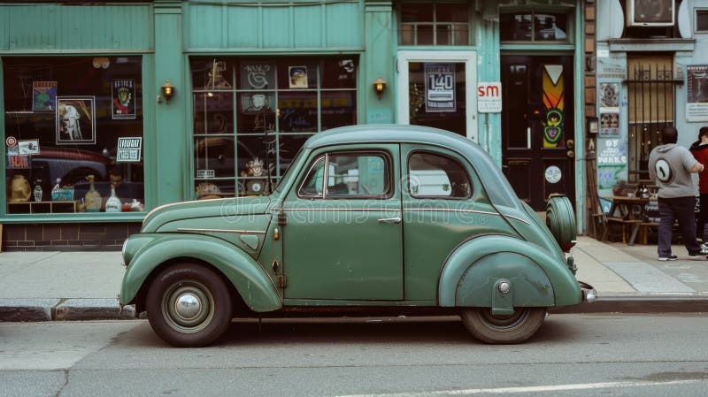 Green Vintage Car Parked on the Sidewalk Outside the Store Stock Image ...