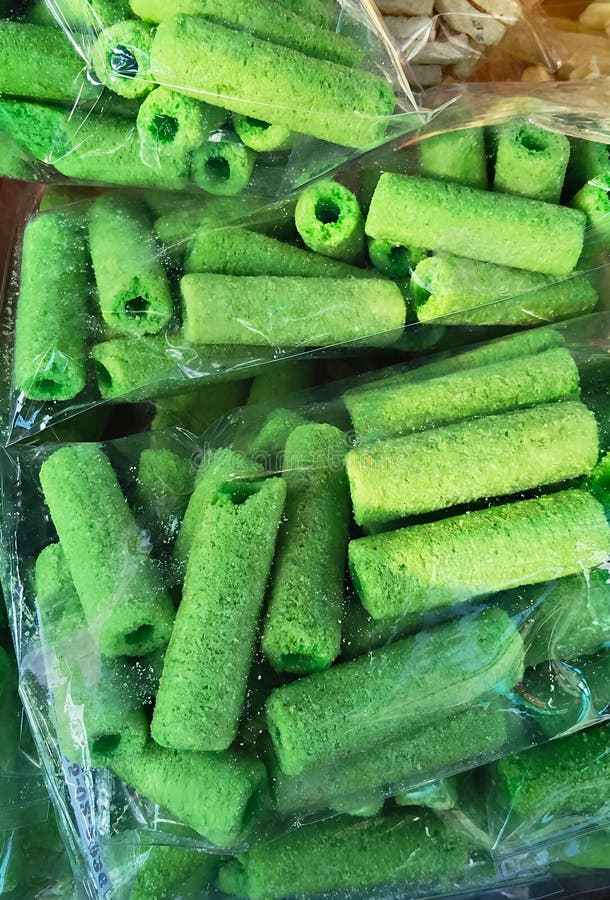 Green Wafer Rolls Snacks in Plastic Packaging Stock Photo - Image of ...