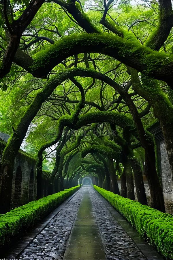 A Green Walkway Lined with Trees and Moss Stock Image - Image of path ...