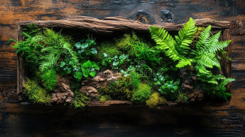 Green Wall Art with Moss and Ferns in Rustic Wooden Frame Stock ...