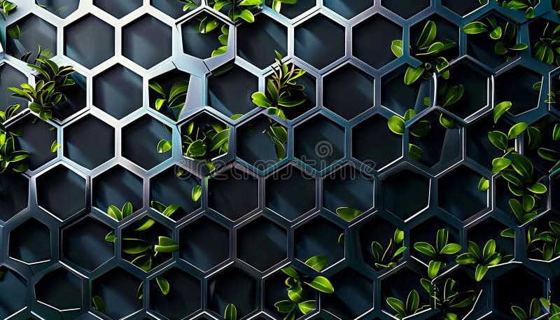 A Green Wall with Hexagonal Patterns and Plants Stock Image - Image of ...