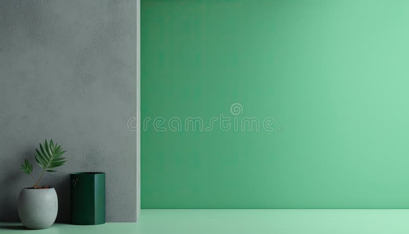 A Green Wall with a Plant in a White Vase and a Green Box Stock Photo ...