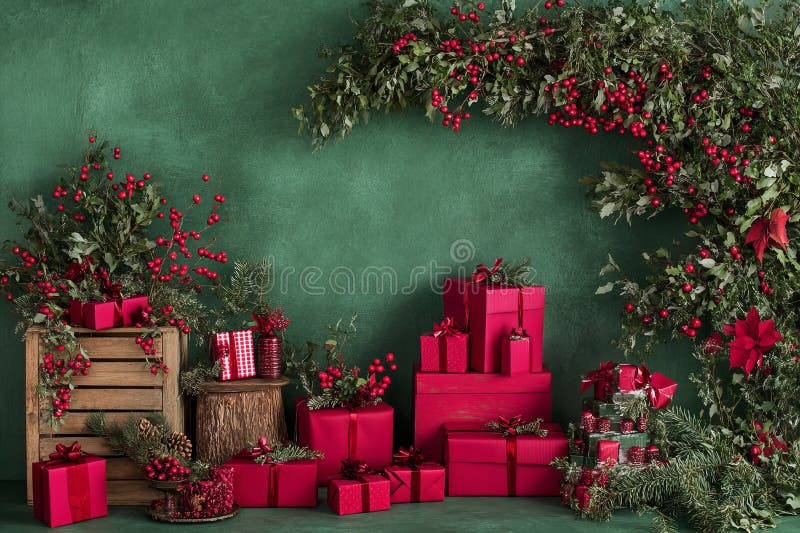 A Green Wall Showcases Red and White Christmas Decor, Including Two Red ...