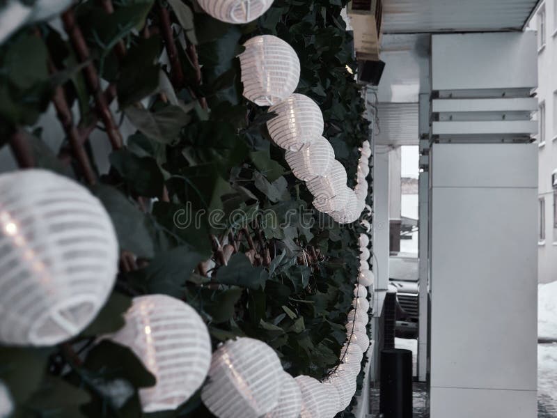 Green Wall with Small Chinese Paper Lanterns. House Facade Design Stock ...