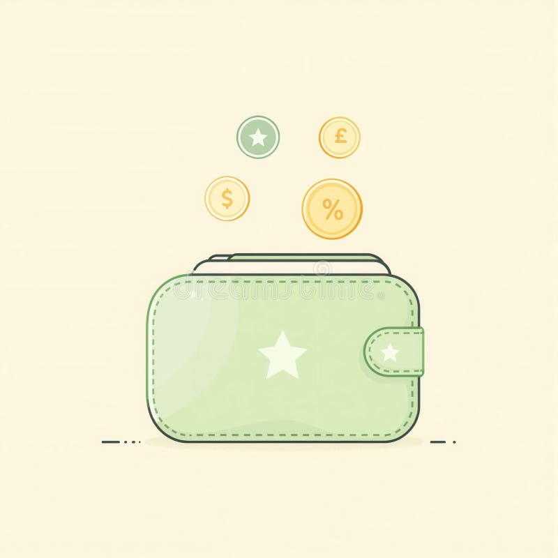 A Green Wallet with a Star on it and Coins Inside Stock Illustration ...